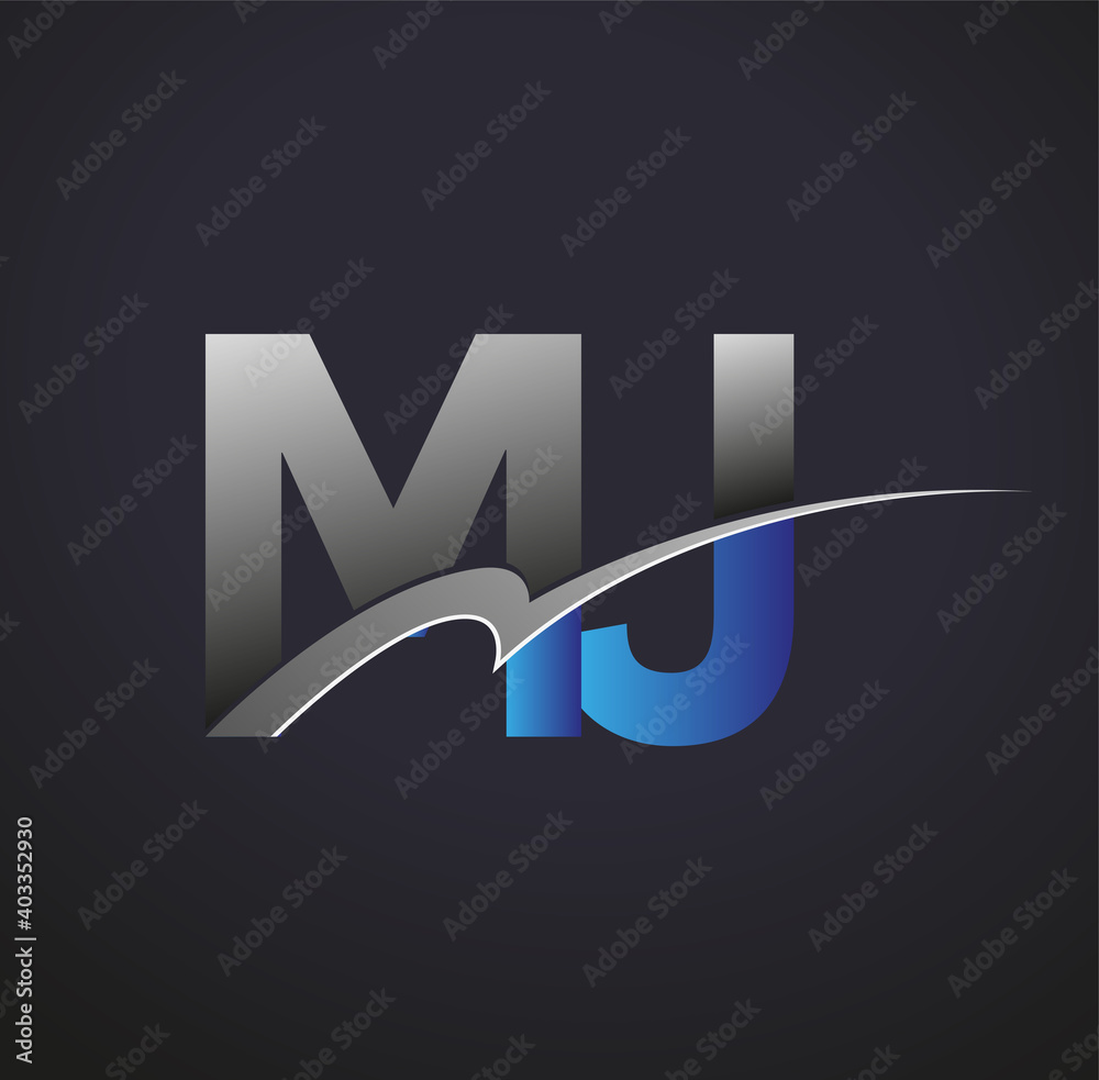initial letter MJ logotype company name colored blue and grey swoosh ...