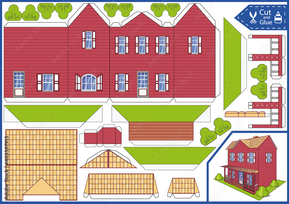 Cut and glue the 3d paper house. Children craft worksheet. Art game ...