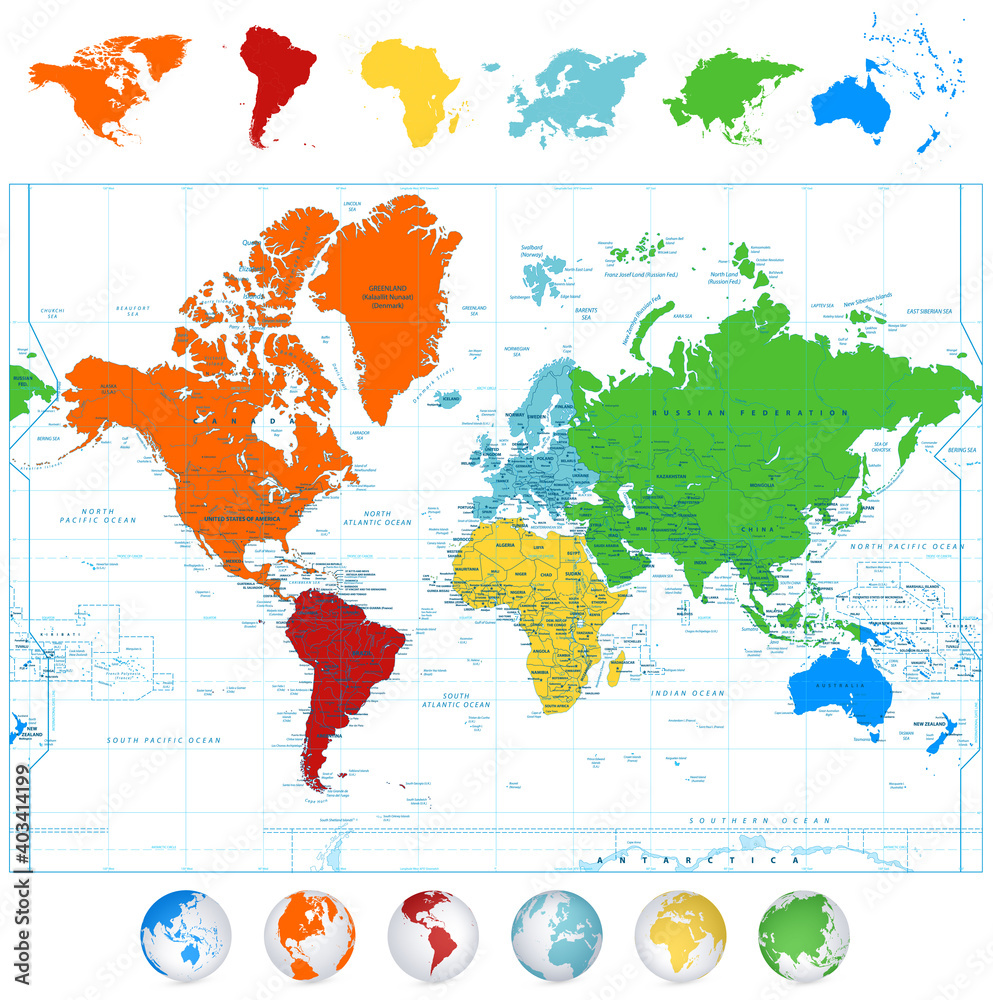 Detailed vector World map with colorful continents and 3D globes. Stock ...
