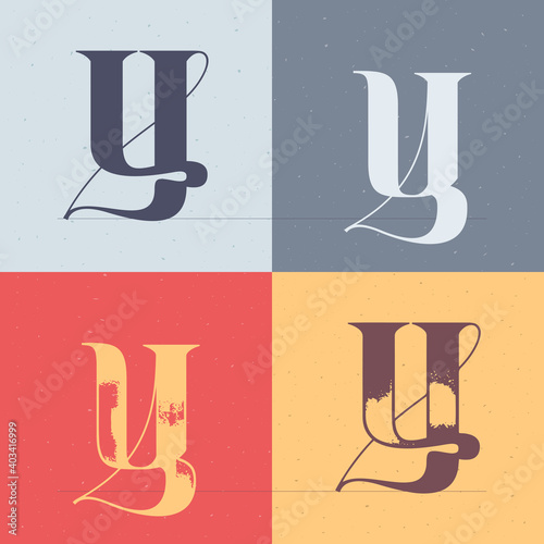 Y letter logo with elegant line decoration. Four style serif font set ...