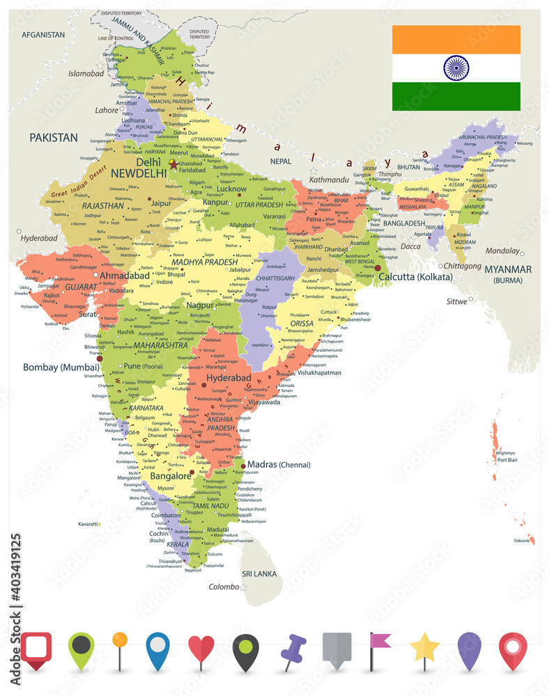 India Political Map and Flat Map Icons Stock Vector | Adobe Stock