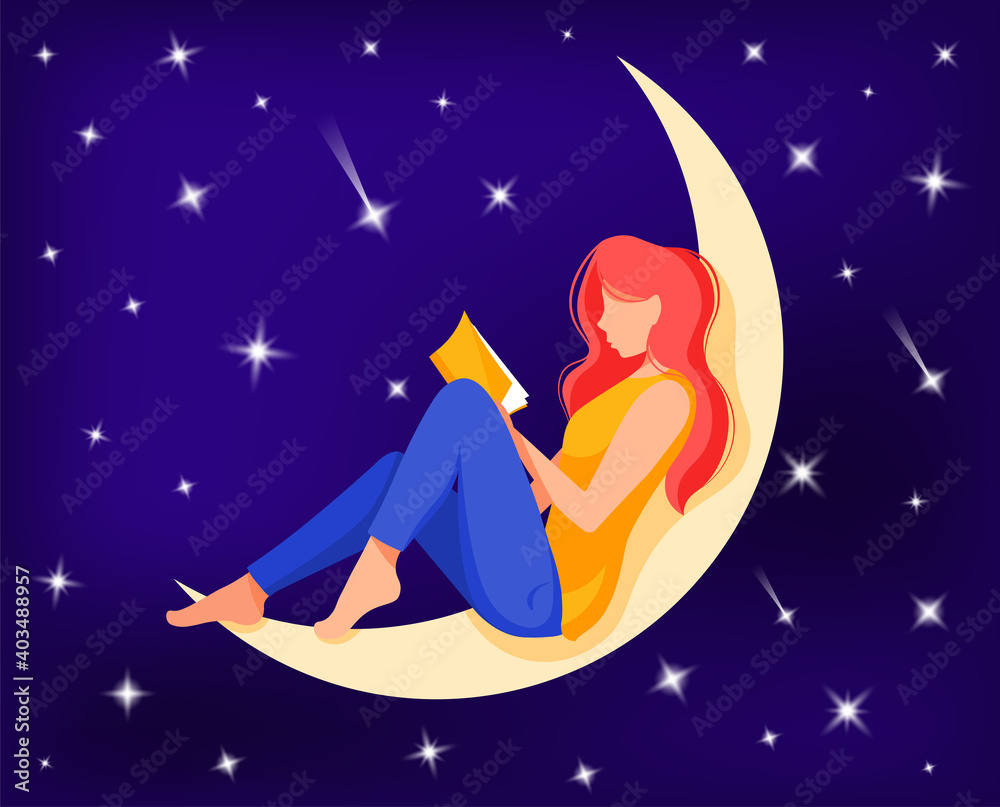 Woman seating on the crescent moon and reading a book. Night sky with ...