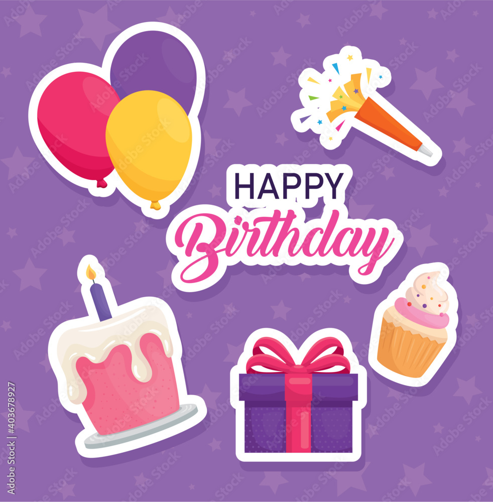 Happy birthday stickers icon set design, Celebration surprise and party ...