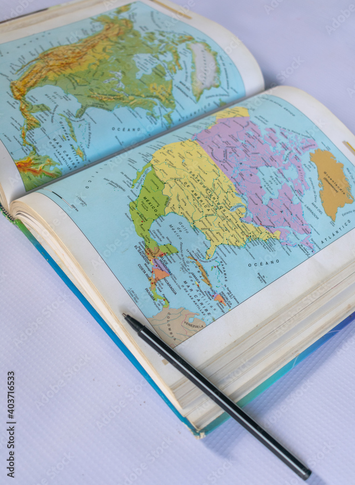 encyclopedia book with map of america Stock Photo | Adobe Stock