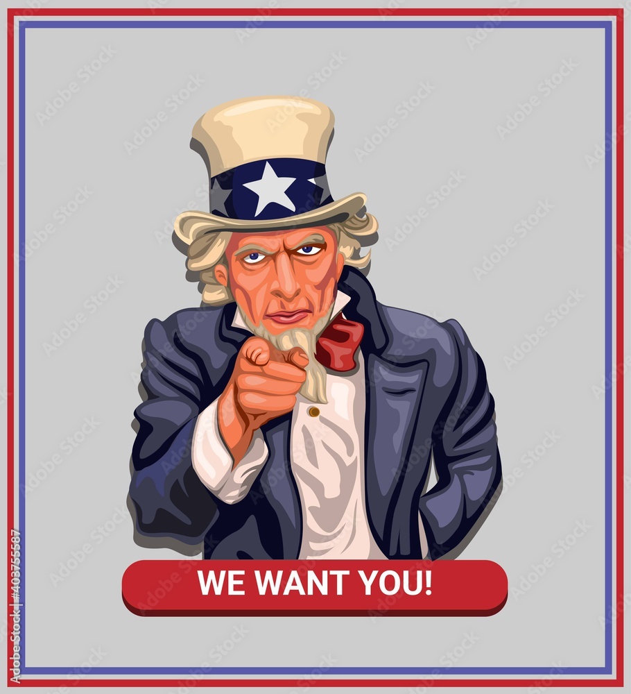We want you! slogan with uncle sam in american vintage poster concept ...