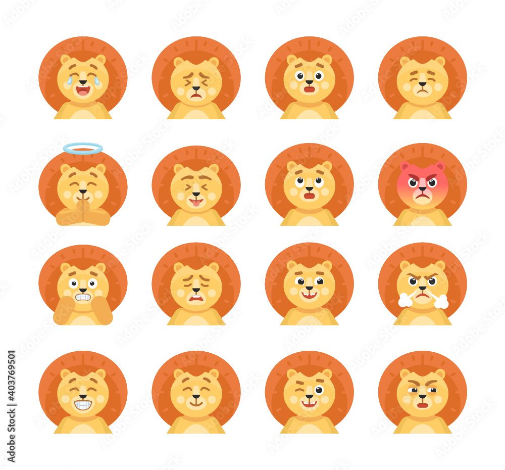 Set of lion avatars, emoticons showing various expressions. Cartoon ...