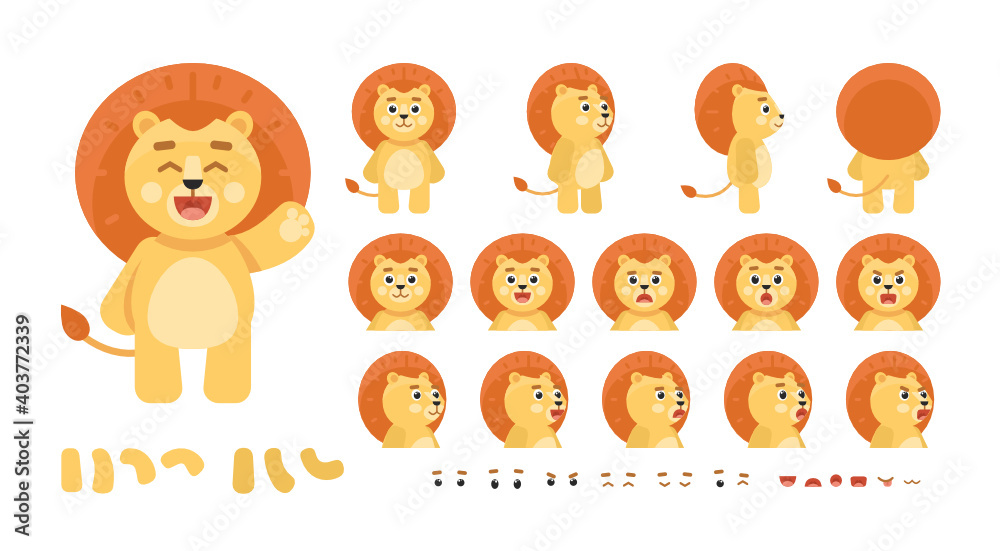 Cartoon cute lion character creation kit. Create your own pose, action ...