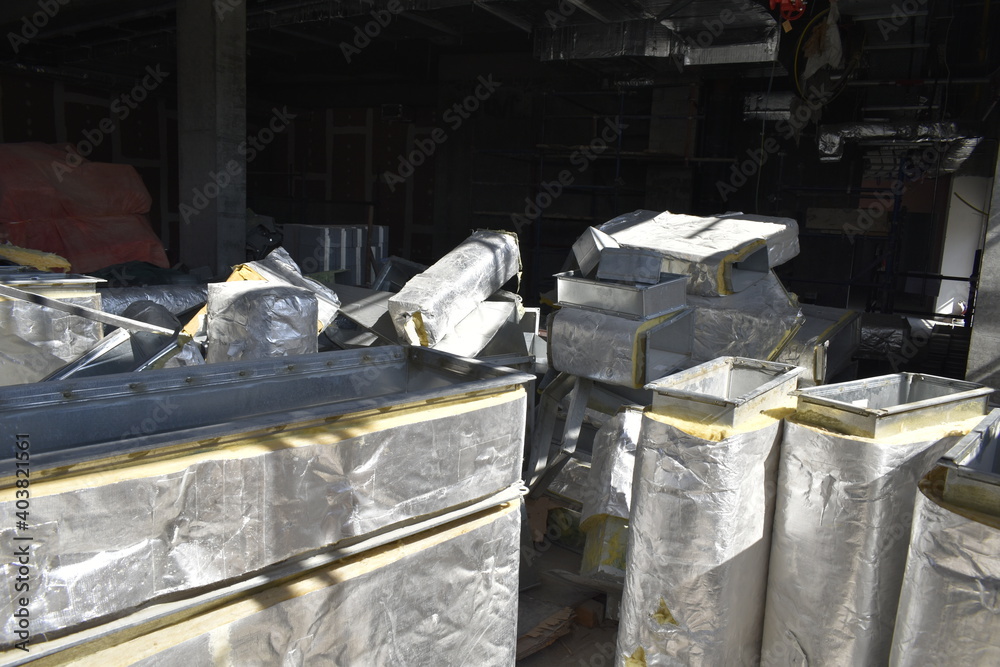 MEP works in civil construction site. Aluminum fabricated air flow duct ...