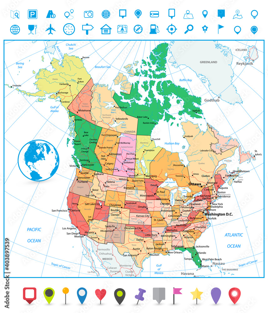 USA and Canada large detailed political map with roads and navigation ...