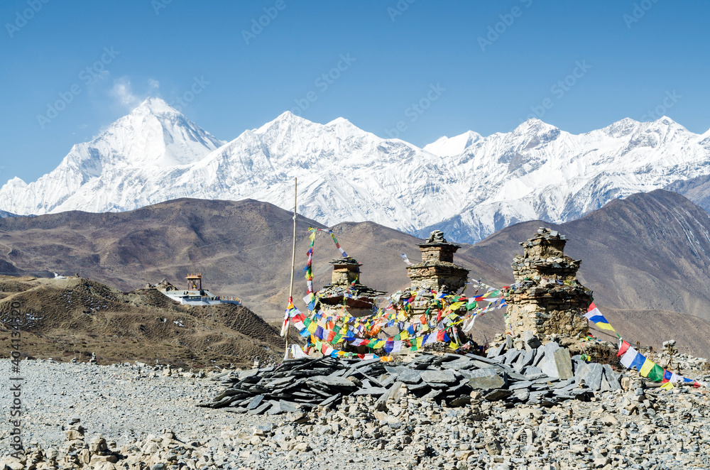 Three stone chortens in Muktinath temple, Annapurna Circuit, Nepal ...