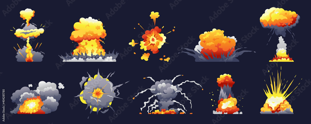 Bomb and fire explosion isolated cartoon set. Vector realistic fiery ...