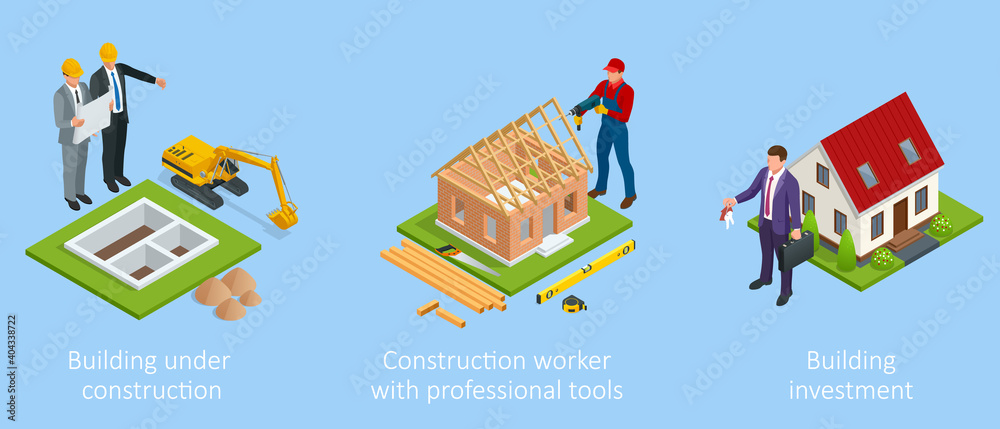 Isometric set stage-by-stage construction of a brick house. House ...