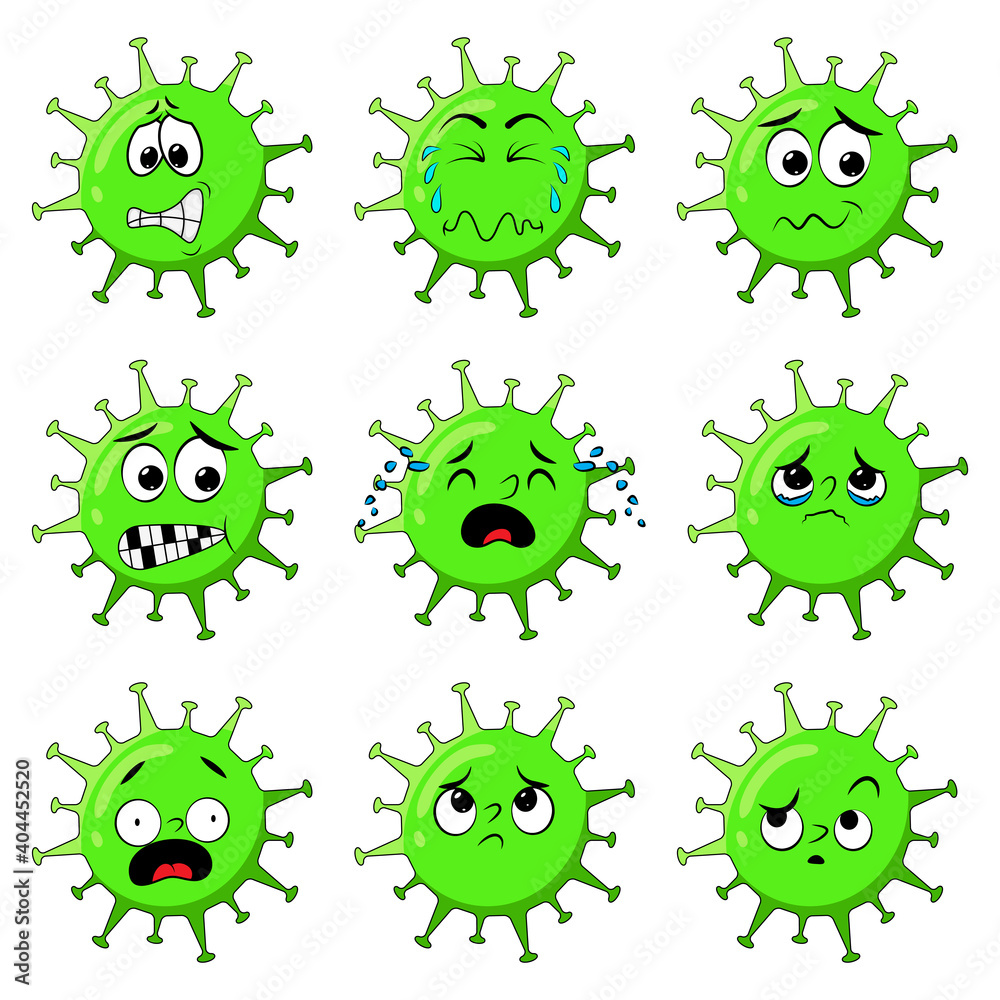 Coronavirus character showing worry and afraid expression. Cartoon set ...