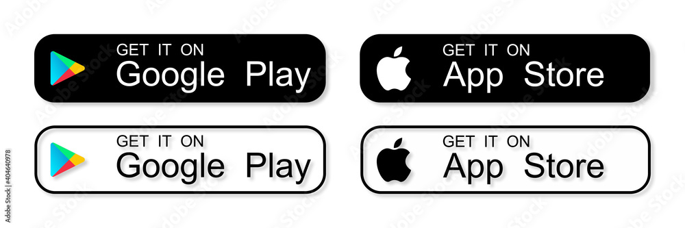 Apple App store and Google Play store. Download App buttons. Isolated ...