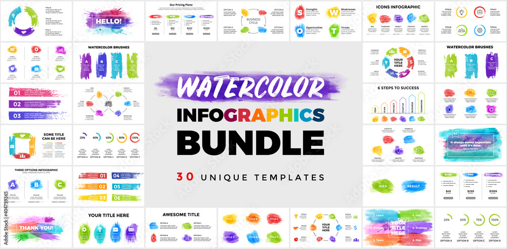 30 Watercolor Infographic presentation templates. Brush strokes banners ...