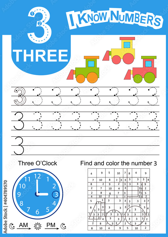 Write numbers 3. Kids learn to count worksheet. Children educational ...