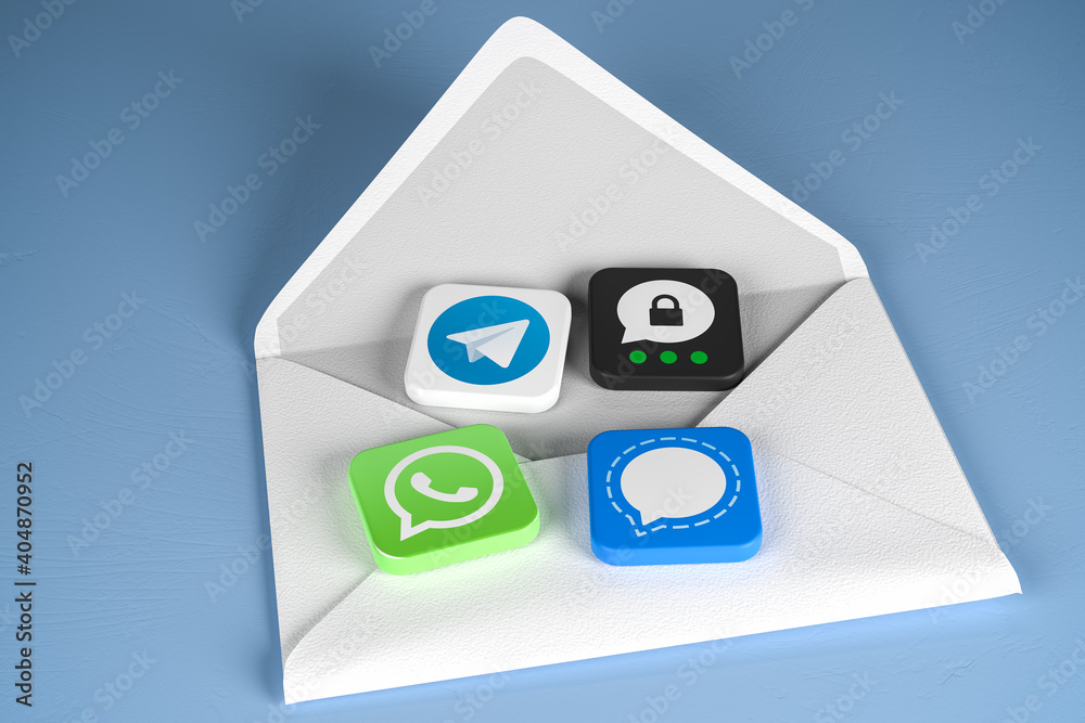 Logos of the mayor messaging apps as tiles on an envelope on a light ...