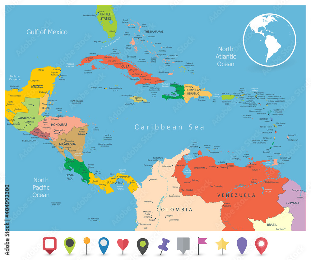 Political Map of the Caribbean and flat icons Stock Vector | Adobe Stock