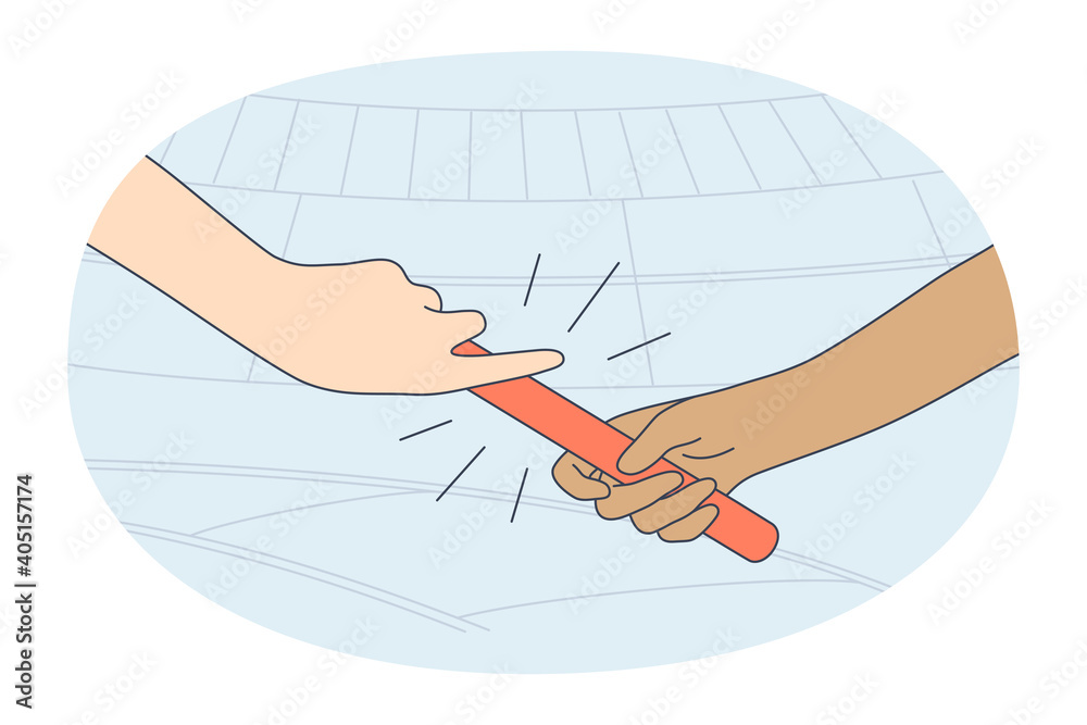Relay baton, cooperation, teamwork concept. Hands of two sportsmen ...