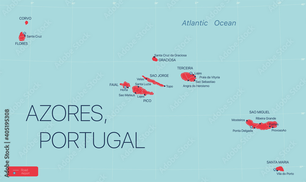 Azores islands, Portugal, detailed editable map with cities and towns ...
