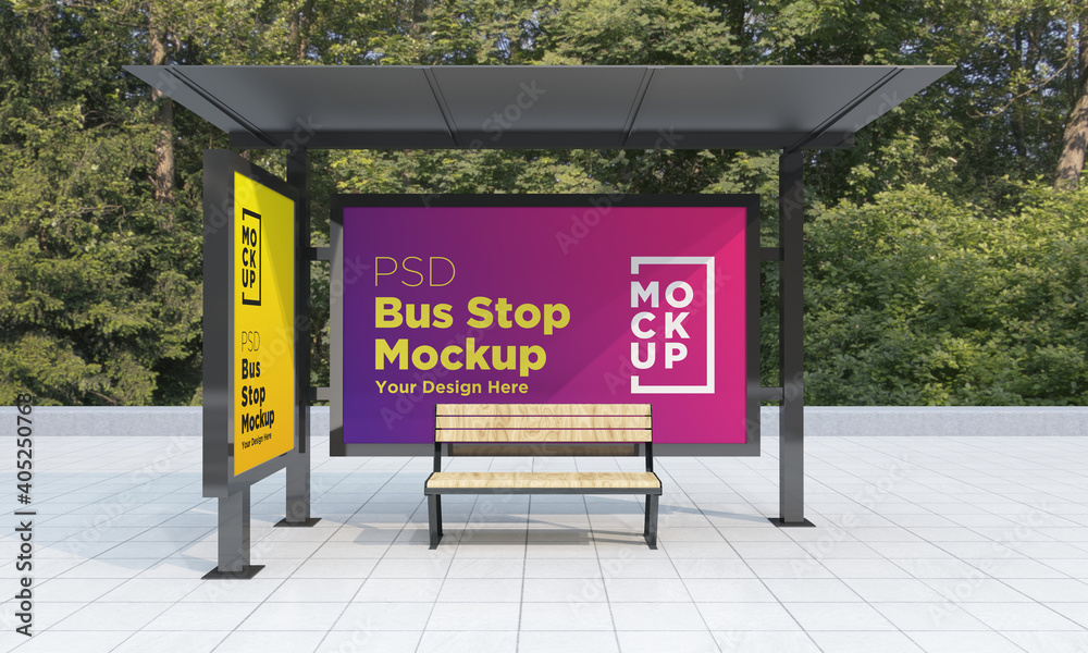 Bus stop bus shelter two signs mockup with bench Sign Board Billboard ...