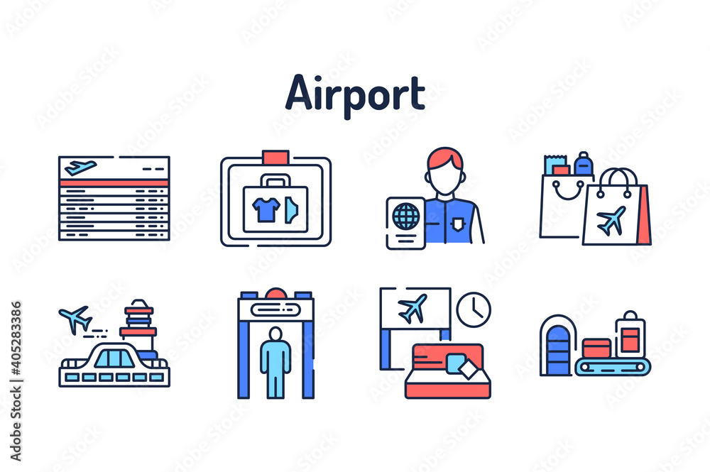 Airport service color line icons set. International flights. Pictograms ...