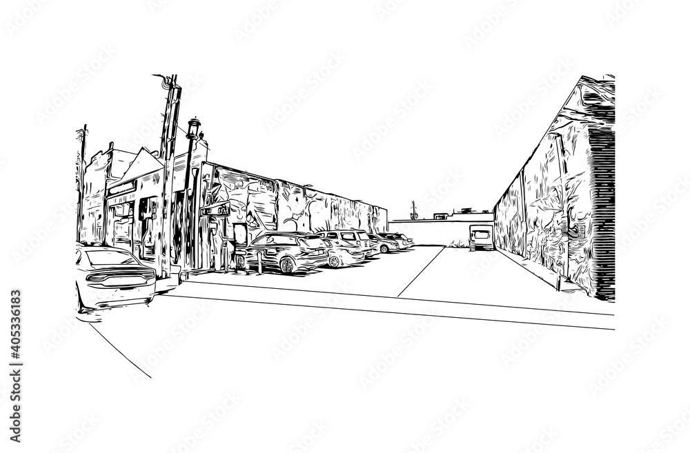 Building view with landmark of Dallas is the city in Texas. Hand drawn ...