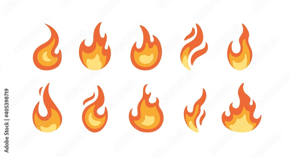 Set of bright burning flame and bonfire icons and logo design elements ...