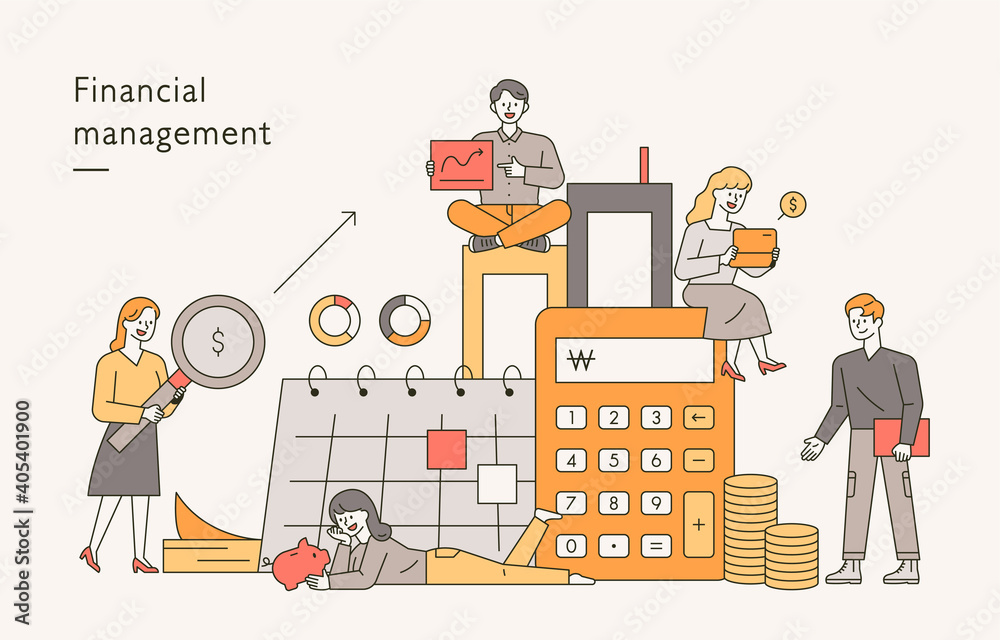 financial management banner. There are expert characters around a large ...