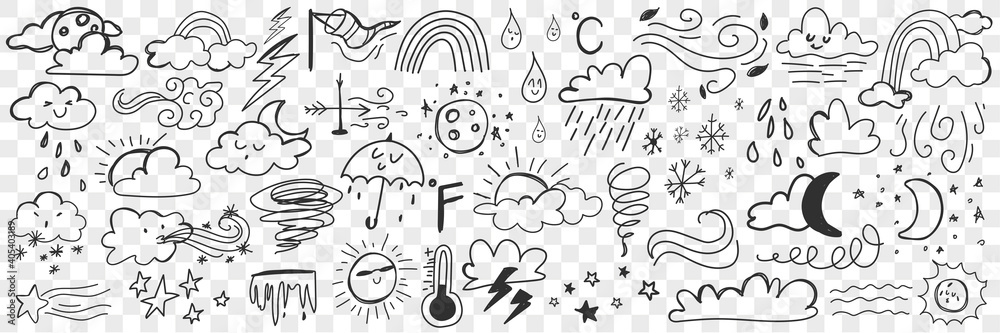 Various weather conditions doodle set. Collection of hand drawn clouds ...