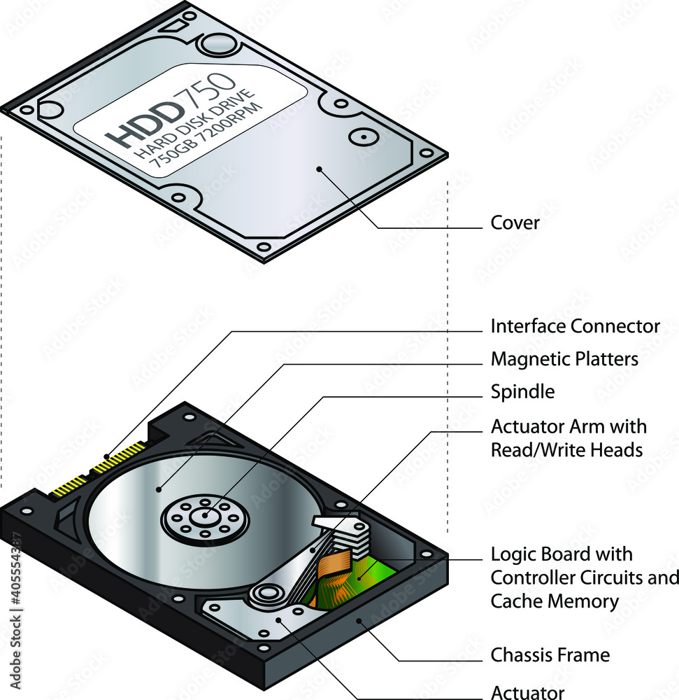 Exploded view of a Hard Disk Drive (HDD) with labels. Stock Vector ...