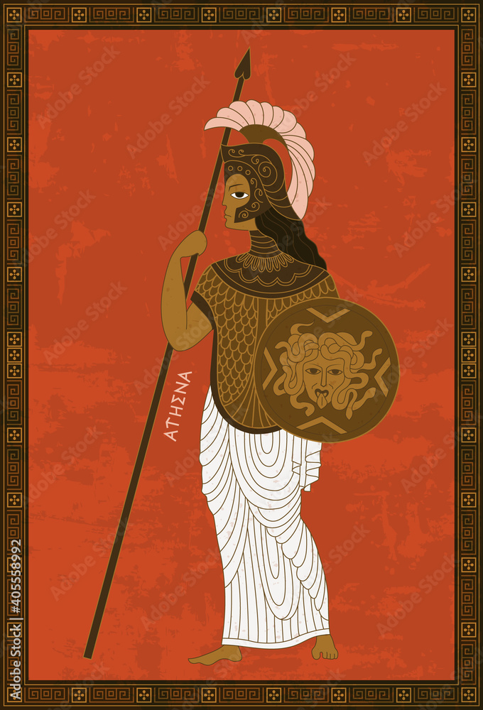 Ancient Greek mythology. Goddess Pallas Athena. Vector illustration in the style of Greek vase ...