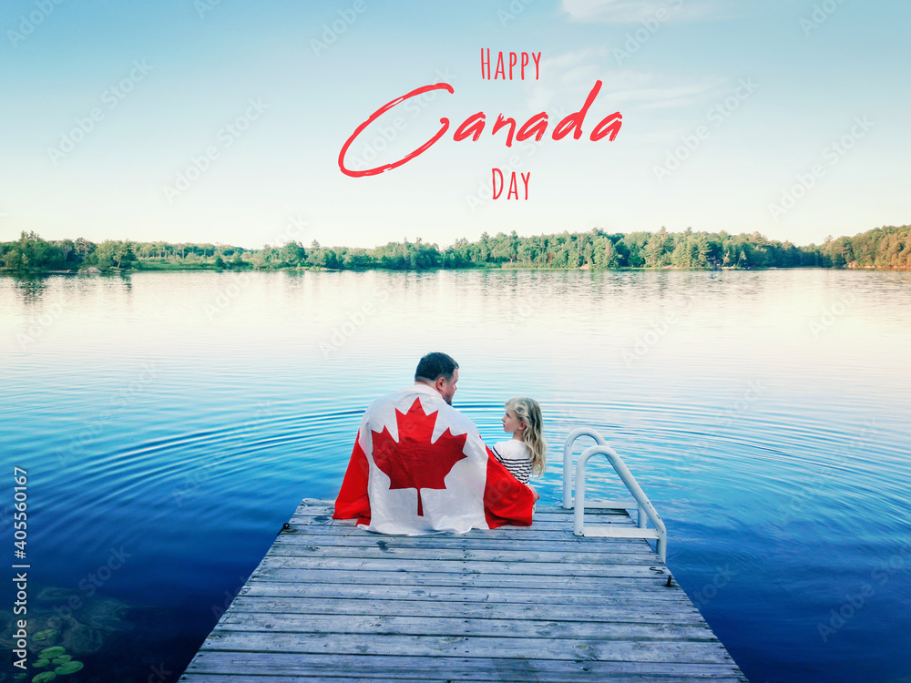 Happy Canada Day. Holiday card with text. Father and daughter wrapped ...
