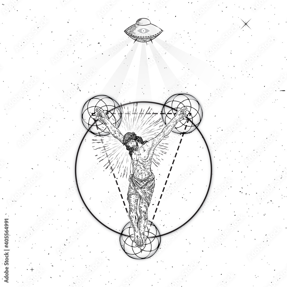 Jesus Christ crucifixion in the starry sky space tattoo. Prophet on ...