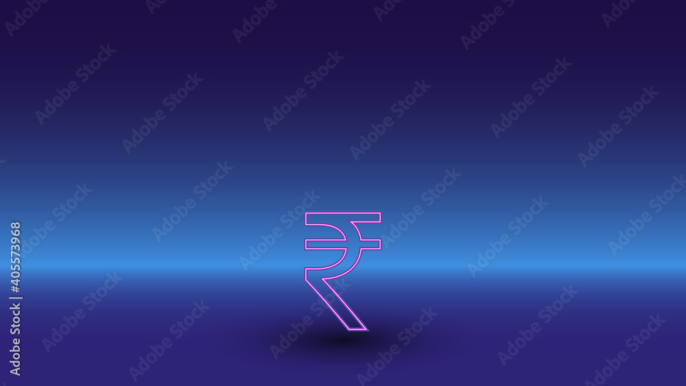Neon indian rupee symbol on a gradient blue background. The isolated ...