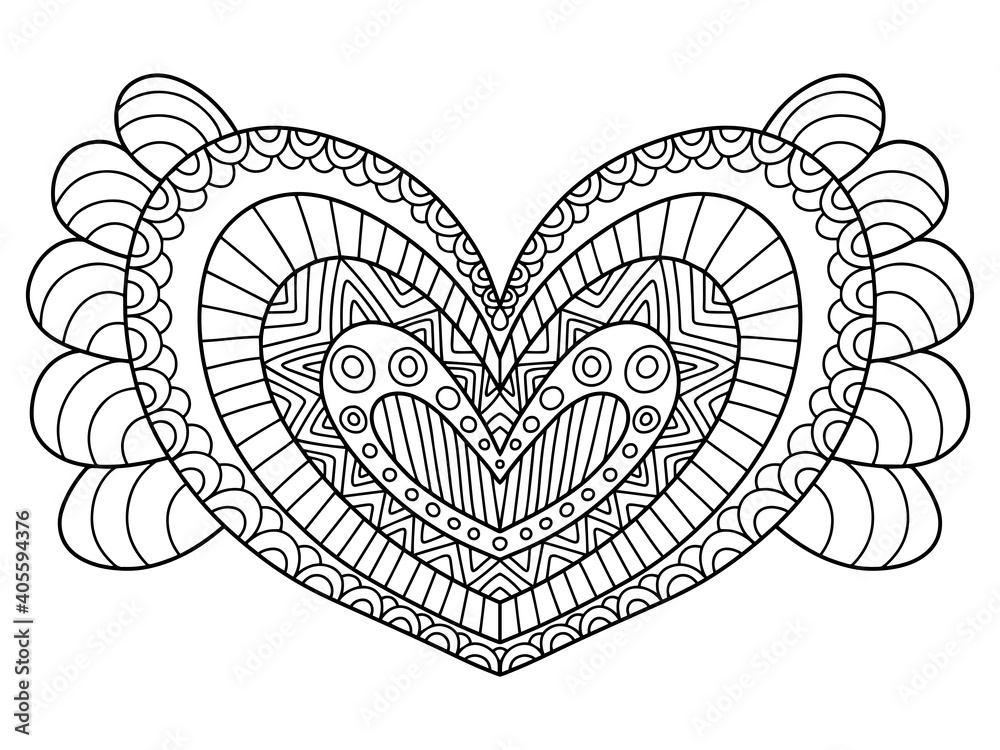 Valentine Day ornamental heart shape coloring page vector. Love symbol ...