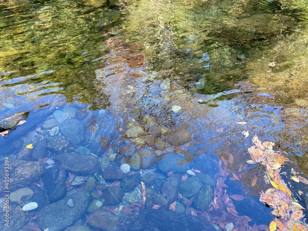 The surface of the Tsuki River flowing through the Ranzan Valley in ...
