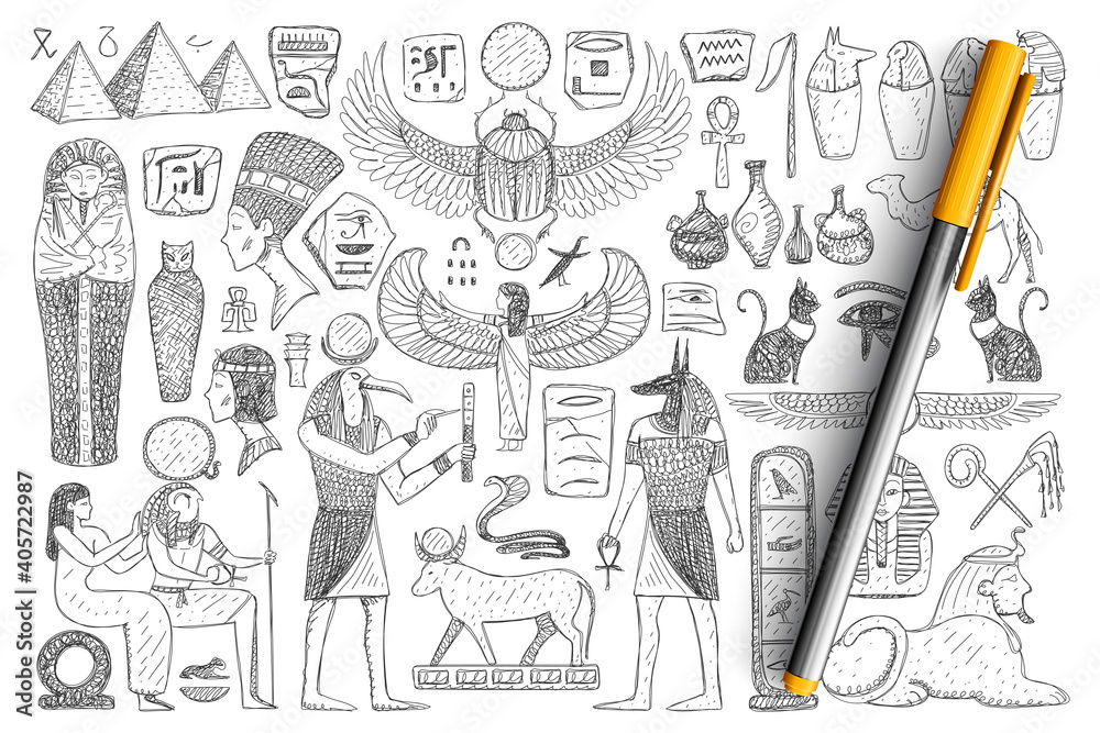 Ancient Egyptian symbols doodle set. Collection of hand drawn pyramids ...