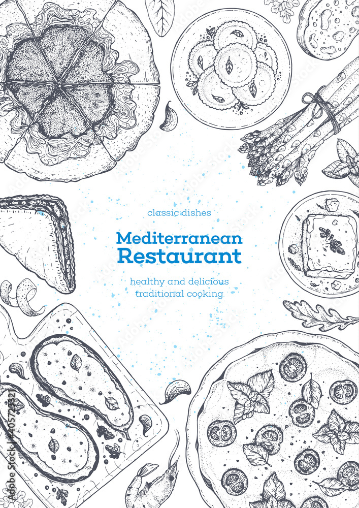 Mediterranean cuisine top view frame. A set of mediterranean dishes ...