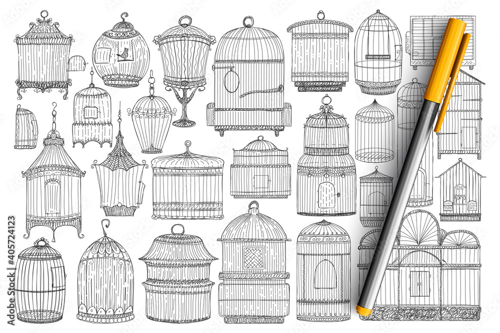 Cages for birds doodle set. Collection of hand drawn elegant vintage ...
