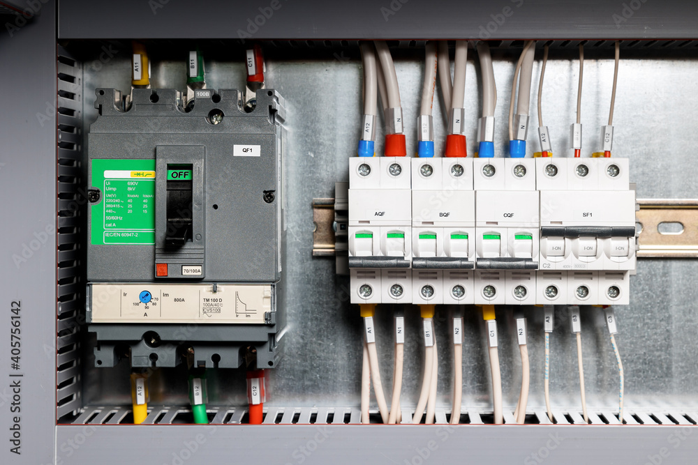 Electrical control Cabinet with an open door. Modern electrical control ...
