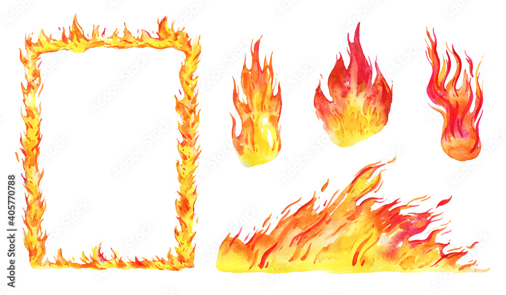Set of hand drawn watercolor flames. Rectangular frame and different ...