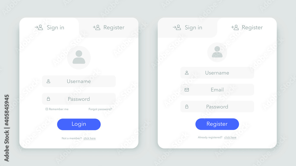 Modern Sign in and Register page design concept. Username, email and ...