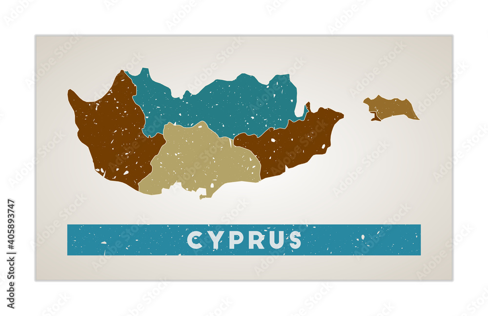 Cyprus map. Country poster with regions. Old grunge texture. Shape of ...