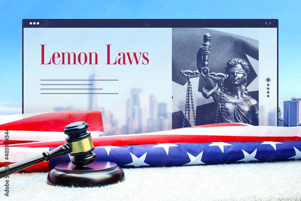 Lemon Laws. Judge gavel and america flag in front of New York Skyline ...