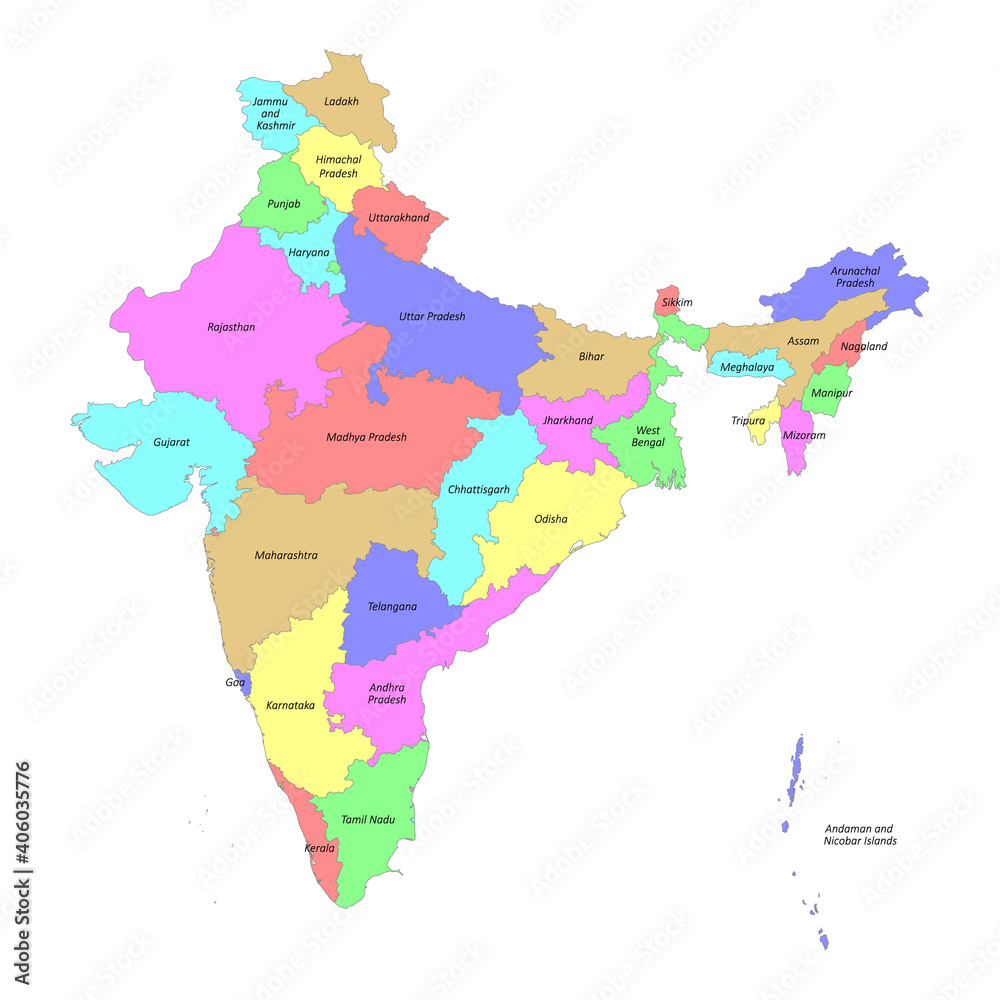 High quality labeled map of India with borders of the regions Stock ...