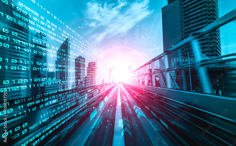 Digital data flow on road with motion blur to create vision of fast ...