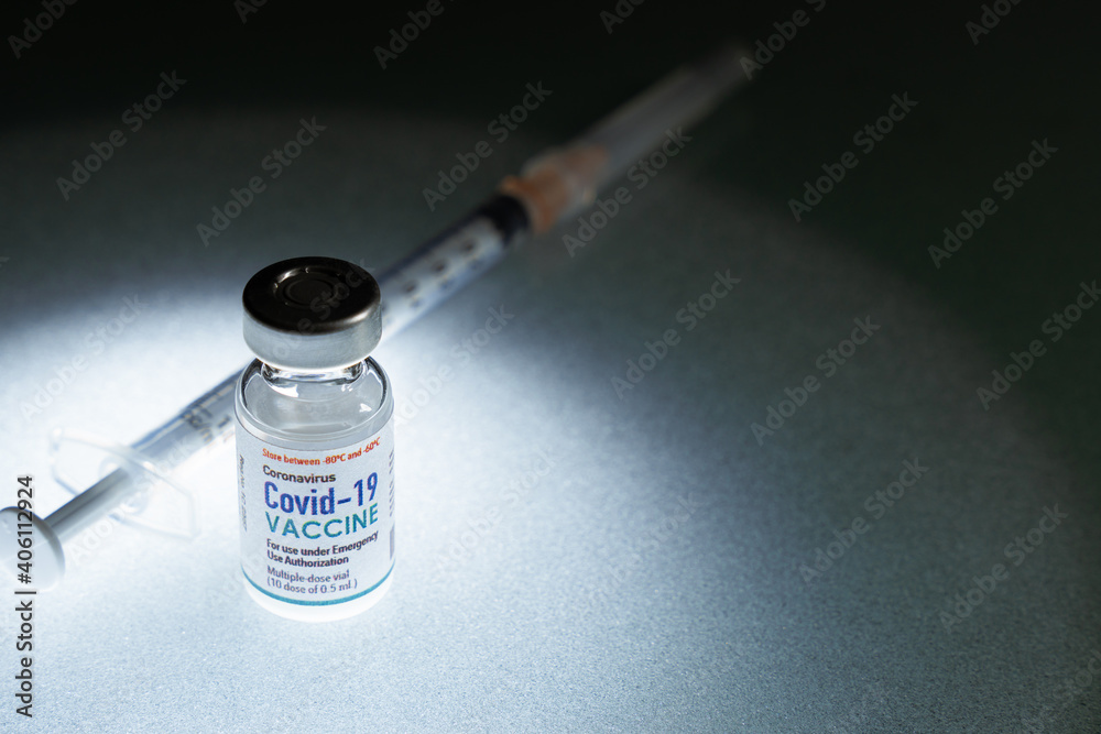 Close up of an authorized Covid-19, SARS-CoV-2 vaccine vial with ...
