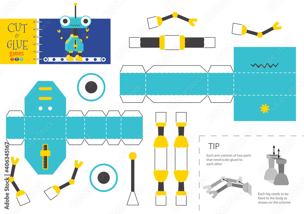 Cut and glue robot toy vector illustration. Paper craft and educational ...