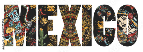 Mexico slogan. National culture and people. Skeleton with guitar ...